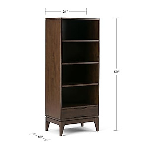 SIMPLIHOME Harper SOLID HARDWOOD 24 Inch Mid Century Modern Bookcase with Storage in Walnut Brown, For the Living Room, Study Room and Office