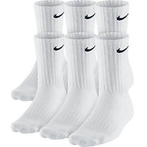 NIKE Dri-Fit Classic Cushioned Crew Socks 6 PAIR White with Black Swoosh Logo) LARGE 8-12