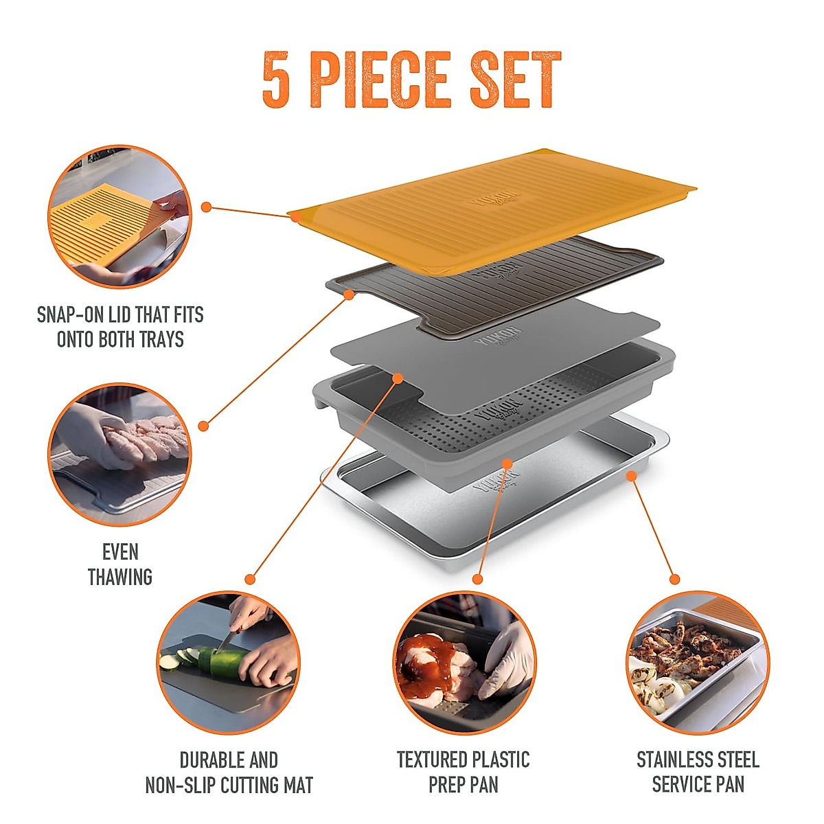 PREP ‘N Serve Premium Set™ - Plastic Container with Lid for Marinades, Stainless Steel Serving Tray, Aluminum Defrosting Tray, and a Plastic Cutting Board - The Ultimate BBQ Food Prep Utensil Set