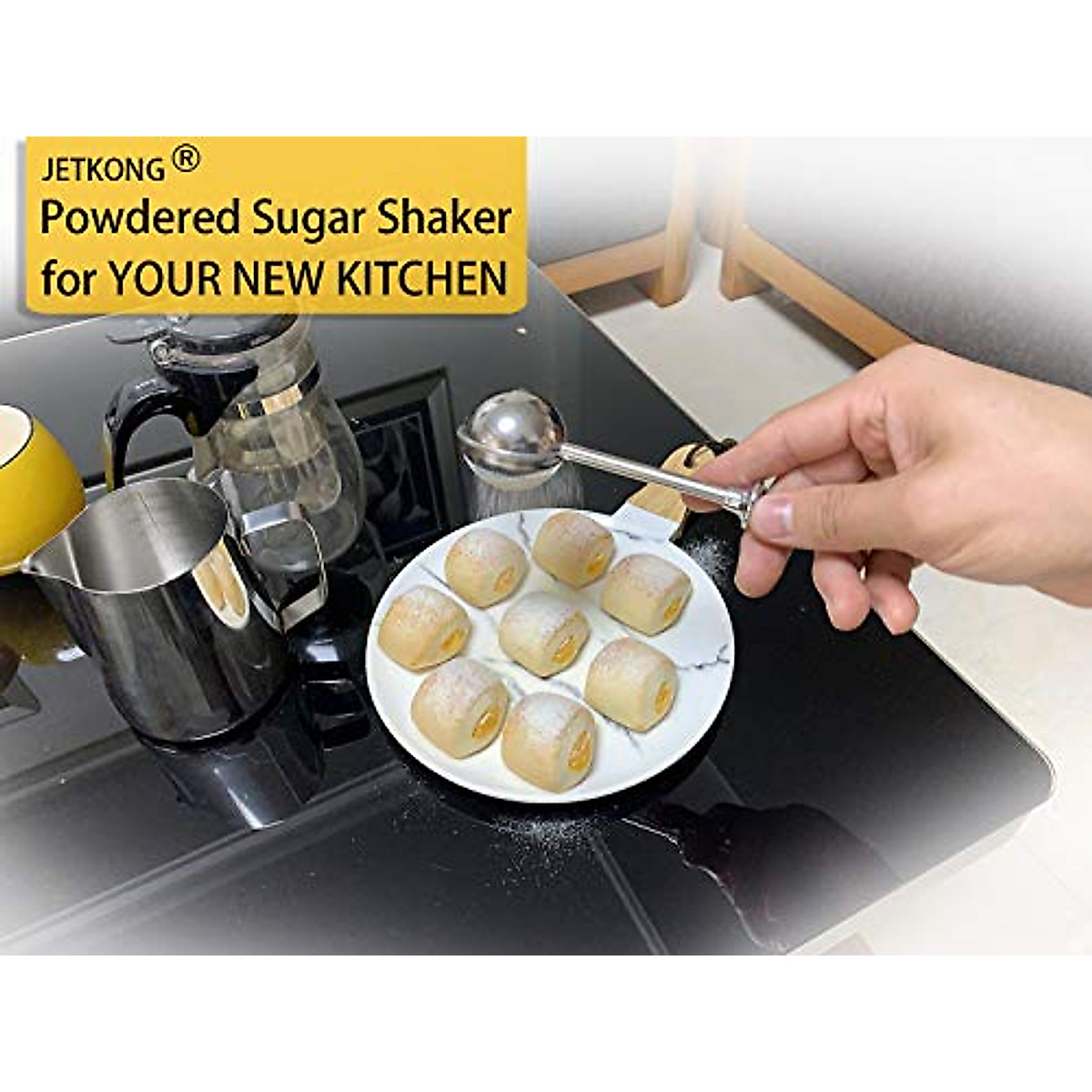 JETKONG Powdered Sugar Shaker Duster Flour Dispenser Shaker with 18/8 Stainless Steel Spring-operated Handle for Sugar Flour and Spices