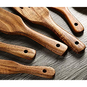 Wooden Cooking Utensils, NAYAHOSE 5 Pcs Natural Teak Kitchen Utensil Set Heat Resistant Non Stick Wood Cookware with Hanging Hole, Slotted Spurtle Spatula Sets for Stirring, Mixing, Serving
