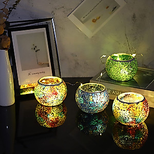 OwnMy 6PCS Mosaic Glass Tealight Holders Round Votive Candle Holders Glass Pillar Candle Stands for Table Centerpieces, Multicolor Glass Mosaic Tealight Holders Small Potted Plant Bowl Candle Vases