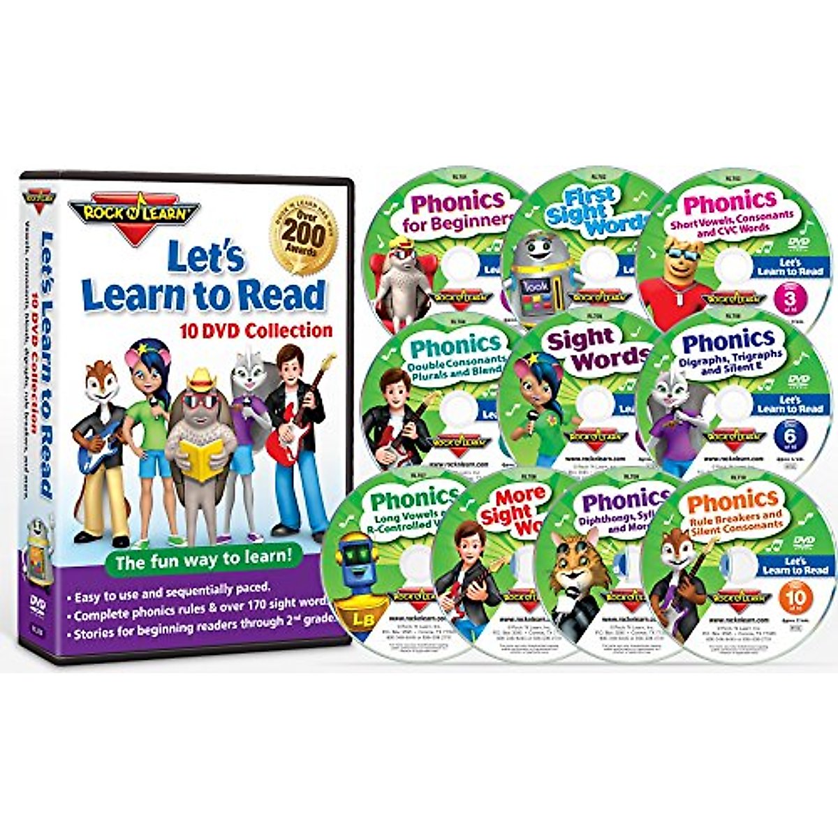 Let’s Learn to Read 10 DVD Collection by Rock ‘N Learn (170 sight words, covers all phonics rules, vowels, consonants, blends, digraphs, practice sections to build reading fluency, 80 downloadable worksheets and more.)