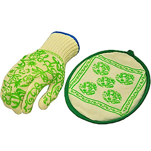 G & F 1688 Dupont Nomex & Kevlar Heat Resistant Oven Gloves, 3-Finger Oven Gloves & Pot Holder Set
