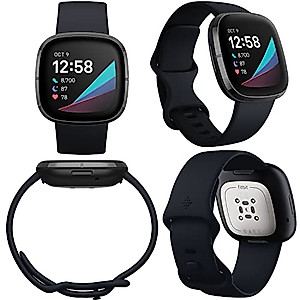 Fitbit Sense Advanced Smartwatch (Carbon/Graphite) with Small & Large Bands, Bundle with 3.3foot Charge Cable, Wall Adapter, Screen Protectors & PremGear Cloth Compatible