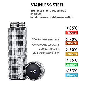 EKUEE 500ml Creative Diamond Thermos Bottle Water Bottle Stainless Steel Smart Temperature Display Vacuum Flask Mug Gift for Men Women (Silver A 500ML)