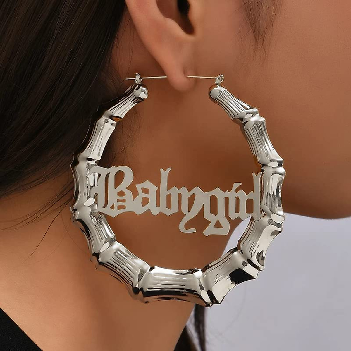 Gold Silver Plated Big Bamboo Hoop Earrings for Women Hip-Pop Style Party Jewelry(B:Silver)