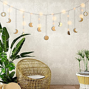Moon Phase Wall Decor with LED String Light, 13 Gold Hammered Wood Boho Wall Hanging Decor Mood Garland 56'' - Celestial Phases Moon Decor in Bohemian Style for Bedroom Home Living Room Gift