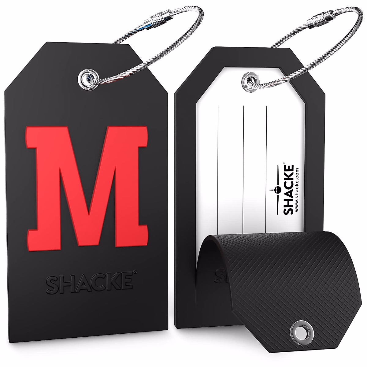 Shacke Initial Luggage Tag with Full Privacy Cover and Stainless Steel Loop - Black (Letter M)