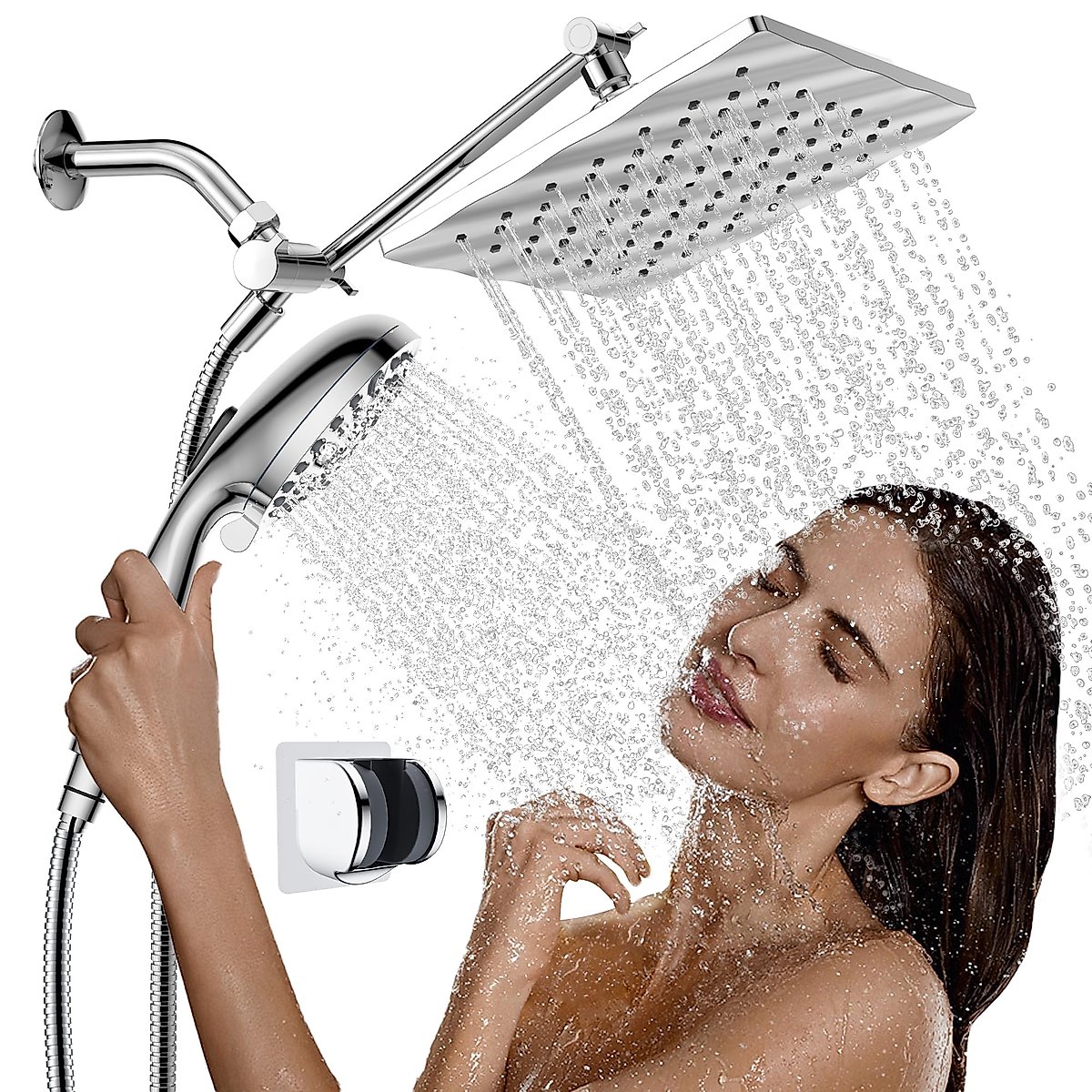 High Pressure 9'' Rainfall Shower Head With Handheld Combo, 10-Setting Handheld Shower Head Built-In Power Wash, 11'' Extension Arm Height/Angle Adjustable With Holder & 60" Hose - Polished Chrome