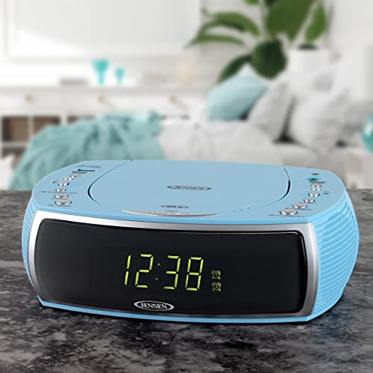 Jensen Sky Blue Modern Home CD Tabletop Stereo Clock Digital AM/FM Radio CD Player Dual Alarm Clock CD Top-Loading Player | USB Charging Port DV 5V 800mA | Headphone Jack | 0.9 Display Green LED