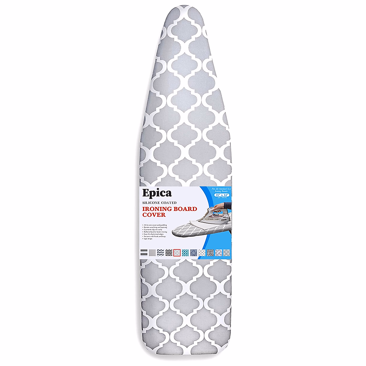 Epica Ironing Board Cover and Pad - Standard Size 15x54 Padded Ironing Board Covers, Heat Reflective Coating, Scorch & Stain Resistant Iron Board Cover with Padding Grey & White Lattice