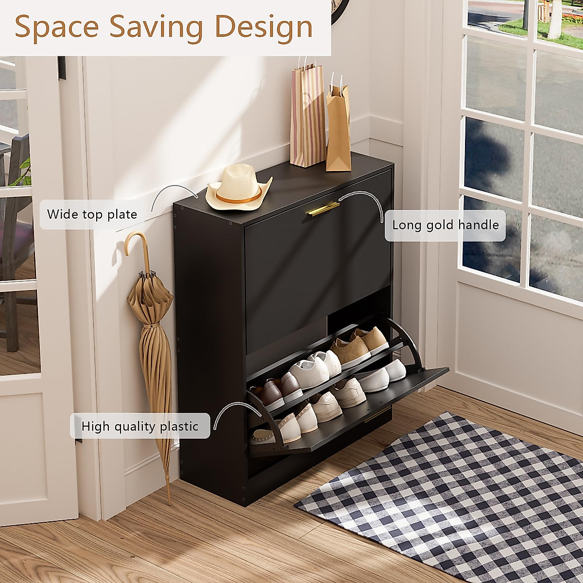 LYNSOM Shoe Cabinet, Free Standing Tipping Bucket Shoe Rack Organizer with 2 Flip Drawers, Modern Entryway Shoe Storage with Top Display, Narrow Slim Hidden Shoe Cabinet (Black)