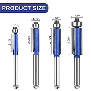UTRUSTTO Professional Straight Flush Trim Router Bits 1/4 Inch Shank, Top Bearing Flush Trim Router Bit Set, Cutting Height Respectively 13/16", 1-1/16", 1-3/16", 1-7/32".