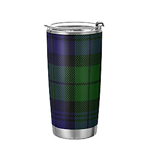 Yasala Tumbler Tartan Plaid Green Blue Insulated Coffee Cup Beverage Container Travel Mug with Straw and Lid Double Wall Stainless Steel 20oz BPA-Free for Sport, Back to School