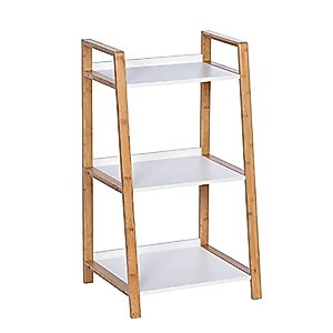 WENKO 3 Tier Ladder Shelf for Bathroom, Kitchen, Living Room, Bamboo, Storage Unit with White Shelves, Dimensions 16.93 x 29.92 x 14.17 in