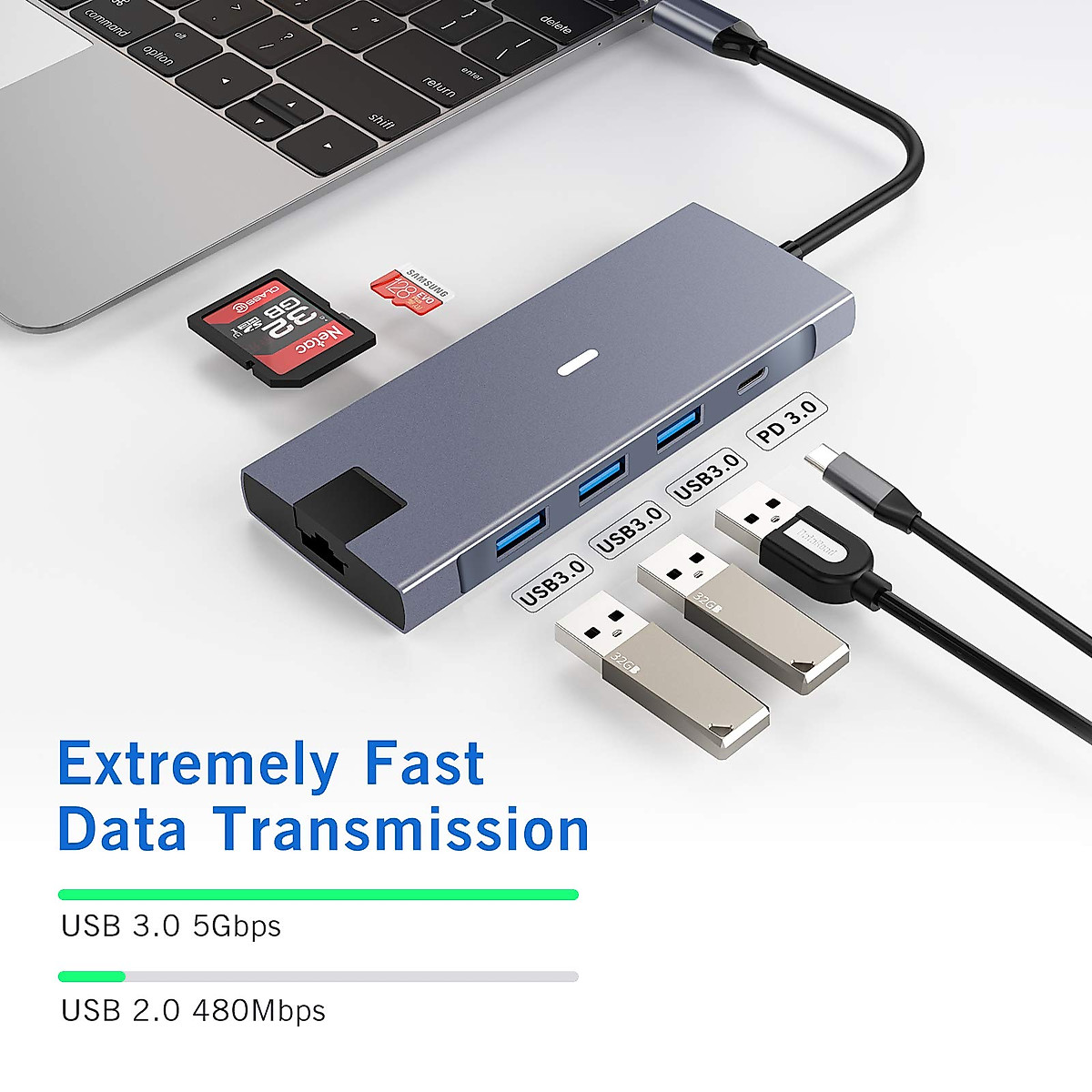USB C HUB, Dataroad 8 in 1 USB C Port Expander, USB C Docking Station with Ethernet Port, 4K HDMI Output, 3 USB 3.0 Ports, 80W PD Fast Charging, TF/SD Card Reader, Compatible for MacBook Pro/Air