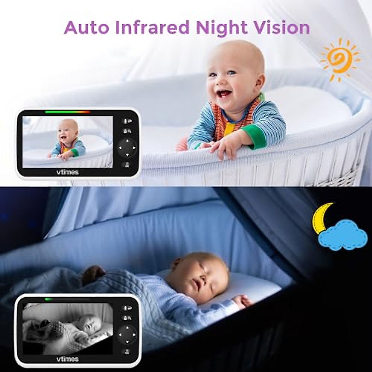 VTimes Baby Monitor Video Baby Monitor with Camera and Audio No WiFi 5" LCD Screen, Two-Way Audio, Night Vision,1000ft Range, 2X Zoom Temperature Display, Lullaby Elderly Pet