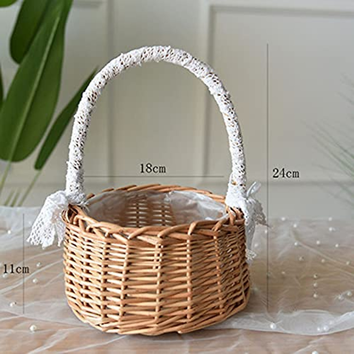 DDXY Wicker Rattan Flower Basket, Willow Handwoven Basket with Handle and Plastic Insert, Easter Eggs Candy Basket Wedding Flower Girl Baskets for Home Garden Decor Large