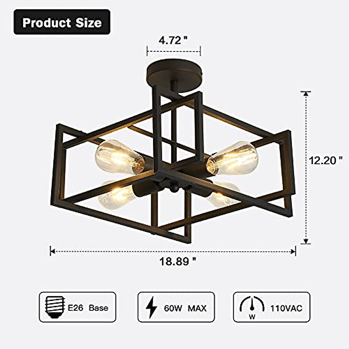 ZGLAOJT 4-Lights Close to Ceiling Light，Black Light Fixture Industrial Flush Mount Ceiling Light ，Farmhouse Chandelier Lighting for Kitchen Island Dining Room Bedroom Foyer Hallway