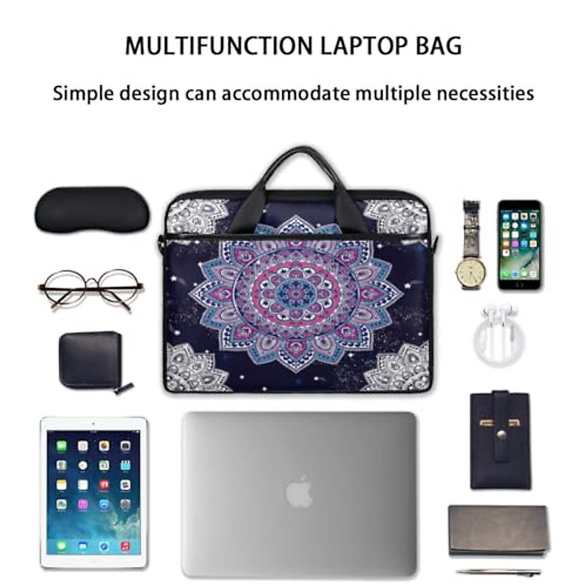 Floral Ethnic Mandala Laptop Computer Bag Waterproof Shoulder Messenger Bag 13-15 inch Durable Laptop Tote Bag with Shoulder Strap Handle Lightweight Crossbody Briefcase