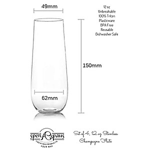 Spekaspaus TM 4 Unbreakable Stemless Champagne Flutes -12 oz-100% Tritan Plasticware - Shatterproof, Reusable, Dishwasher Safe, BPA-Free