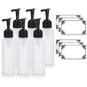 4 oz Clear Natural Refillable Plastic Squeeze Bottle with Black Lotion Pump (6 Pack) + Labels