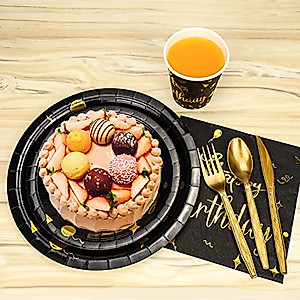 200 Pieces Gold Disposable Party Dinnerware Set &Golden Dot Disposable Birthday Party Dinnerware - Black Paper Plates Napkins Cups, Gold Plastic Forks Knives Spoons