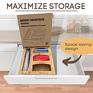 Ziplock Bag Organizer - Bamboo Sandwich/Storage Bag Organizer Kitchen Drawer or Wall, Food Storage Bag Organizer, Fits Four (4) Bag Sizes, Universally Compatible