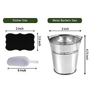 6 Metal Buckets With Chalkboard Stickers And Plastic Kitchen Scoops, Small Galvanized Buckets ,For Birthday, Wedding Party, Garden Planters , Party Supplies,Decorations ,5 Inch Tin Buckets - (tie 6)
