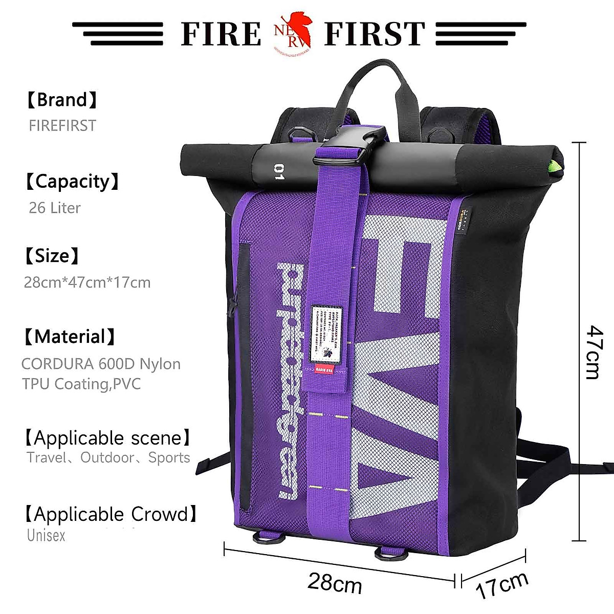 FIREFIRST Evangelion Backpack for Men & Women Water Resistant Roll Top College School Casual Daypack