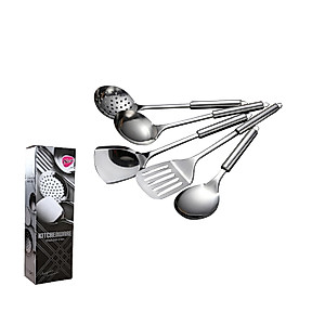 Ragyzity Stainless Steel 5-Piece Utensil Set, 5-Pieces All Metal Long Handle Cooking Tools, Heat Resistant Kitchen Gadgets Utensil Set, Slotted Spoon, Slotted Spatula, Large Spoon, Soup, Spatula