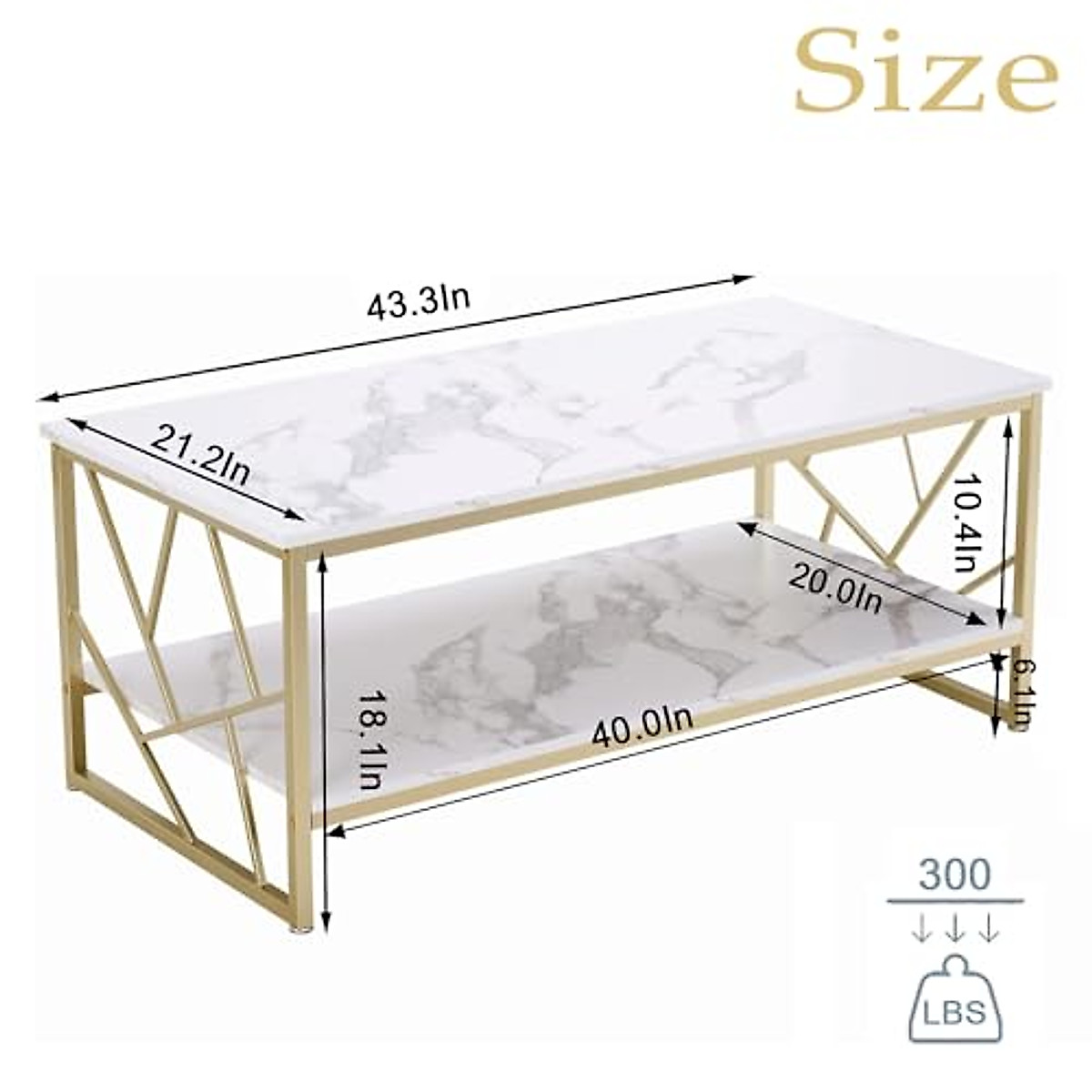 MKJLWO White Coffee Tables for Living Room, Square Marble Gold Coffee Table 2-Tier Storage Modern Center Table White Home Furniture Office Decor 43×21in