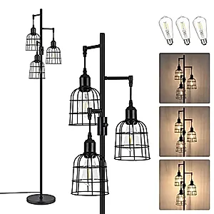 EDISHINE Dimmable Floor Lamp, 3 LED Edison Bulb Included, Industrial Tree Floor Lamp Sturdy Base, Tall Standing Lamp for Living Room, Bedroom, with 3 Elegant Teardrop Cage Head Minimalist Vintage