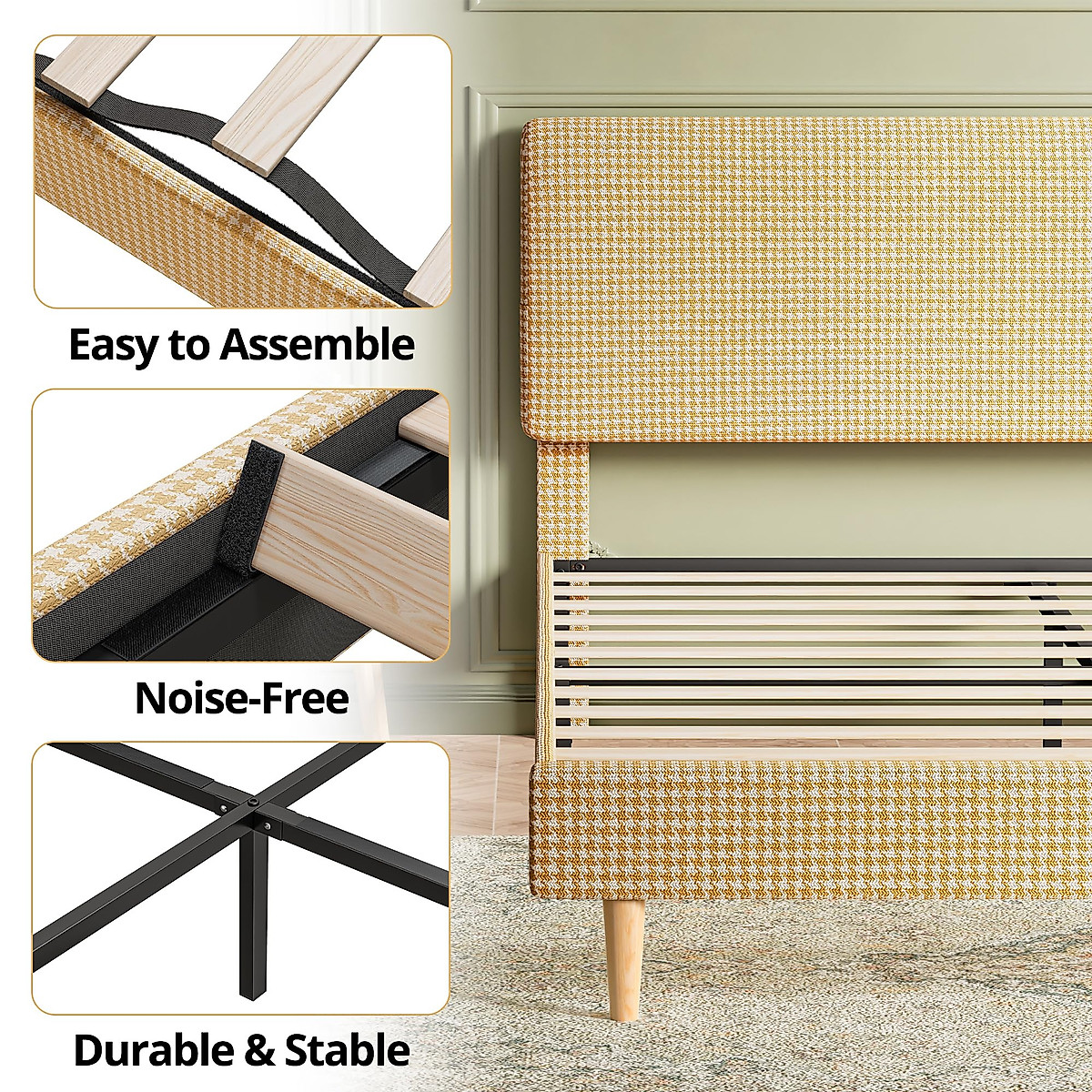 LIKIMIO Queen Bed Frame with Headboard, Fully Cotton Upholstered Foundation, Wooden Slats Support, Noise Free, No Box Spring Needed, Easy Assembly, Rustic Yellow and White Checkered