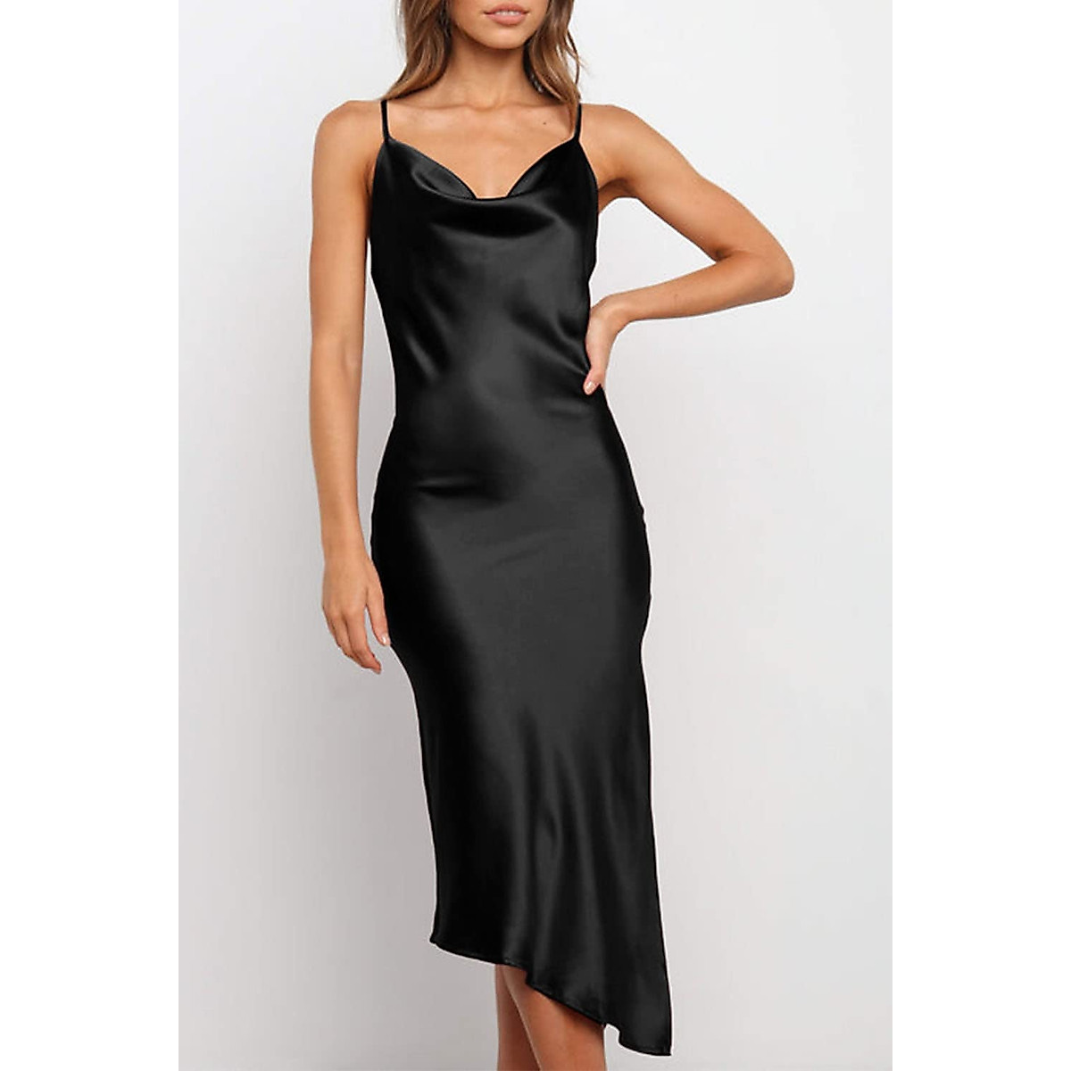 PRETTYGARDEN Women's Satin Dress Sleeveless Spaghetti Strap Side Slit Cowl Neck Midi Bodycon Dresses (Black,Large)