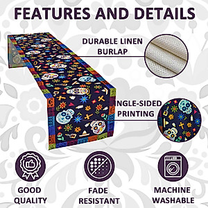 Dia De Los Muertos Table Runner | Day of The Dead Decoration | 13x72 Inch | Burlap Mexico Outdoor Indoor Decor for Mexican Fiesta Party Kitchen Dinning Room Home