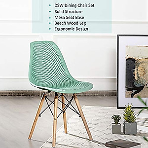 Giantex Set of 2 Modern Dining Chairs, Outdoor Indoor Shell PP Lounge Side Chairs with Mesh Design, Beech Wood Legs, Tulip Leisure Chairs, DSW Dining Chairs for Kitchen, Dining Room, Green