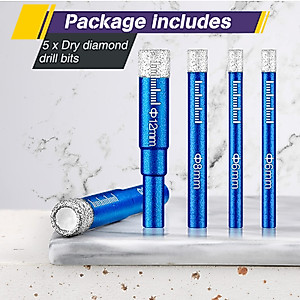 5 Pcs Dry Diamond Drill Bits Set, Glass Ceramic Marble Tile Drill Bits, Not for Wood, 1/4, 5/16, 3/8, 1/2 Inch Round Shank