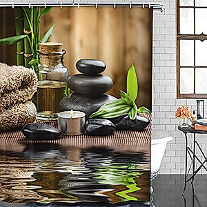 ArtSocket 4 Pcs Shower Curtain Set Stones spa Oil Wood Massage Relax Candle ayurvedic Water Bamboo Green with Non-Slip Rugs Toilet Lid Cover and Bath Mat Bathroom Decor Set 72" x 72"
