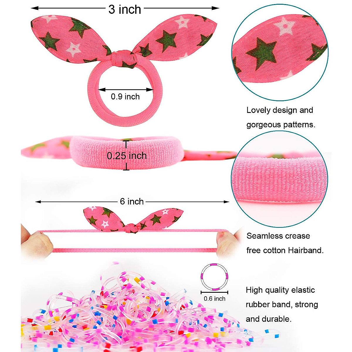 YASUNMI 50pcs Children Hair Ties+200pcs Rubber Bands, Cute Toddler Rabbit Ear Hair Ties, Seamless No Crease Elastic Cotton Bows Ponytail Holders Hair Accessories for Baby Toddler, Kids, Teens