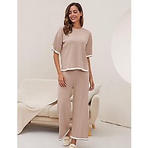 Wyeysyt Women Lounge Sets 2 Piece Sweater Knit Short Sleeve Pullover Tops Wide Leg Pants Elastic Waist Sweatsuits(Khaki-M)