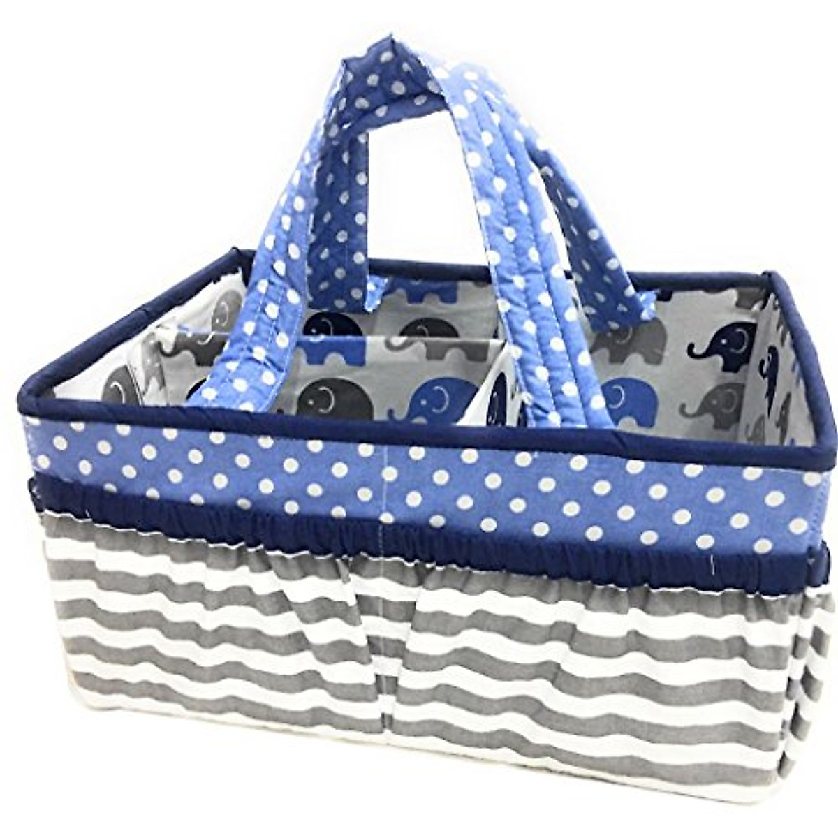 Bacati Elephants Nursery Fabric Storage Caddy with Handles, Blue/Navy/Grey
