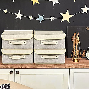 EZOWare 4-Pack Small Fabric Storage Basket Bin with Lid, Collapsible Storage Box Cube Organizer Container for Nursery, Closet, Bedroom - 10.5 x 10.5 x 5 inches, (Gray & Beige)