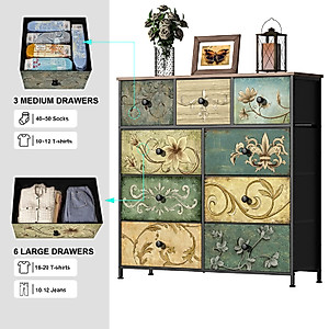 Tohomeor Dresser with Drawers for Bedroom Chest of Drawers Fabric Dresser for Closet,Nursery Entryway Hall Tree TV Stand for Living Room Retro Floral Pattern Drawers Wooden Top (9 Drawers)