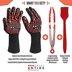 Entire 3 in 1 BBQ Grill Gloves, Extreme Heat Resistant, Insulated Fireproof Silicone Oven Mitts for Cooking, Grilling, Barbecue, Non-Slip Grip Pair with Silicone Brush & BBQ Grilling Tong