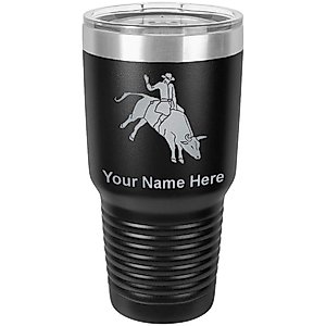 LaserGram 30oz Vacuum Insulated Tumbler Mug, Bull Rider Cowboy, Personalized Engraving Included (Black)