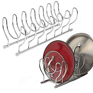 LeleCAT Kitchen Lid Organizer, Pots & Pans Lid Rack Holder Organizer, cast iron pans, Plates, Cutting Boards Bakeware, Cooling Racks, Serving Trays, Chrome,2 Pack