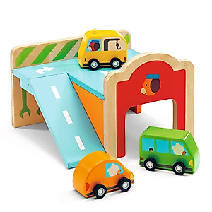 DJECO Early Learning Mini Garage - Cute Vehicle Toys for Toddlers - Fun & Creative Activity for Family & Friends - Wooden Automobile Set for Children 18+ Months Girls & Boys