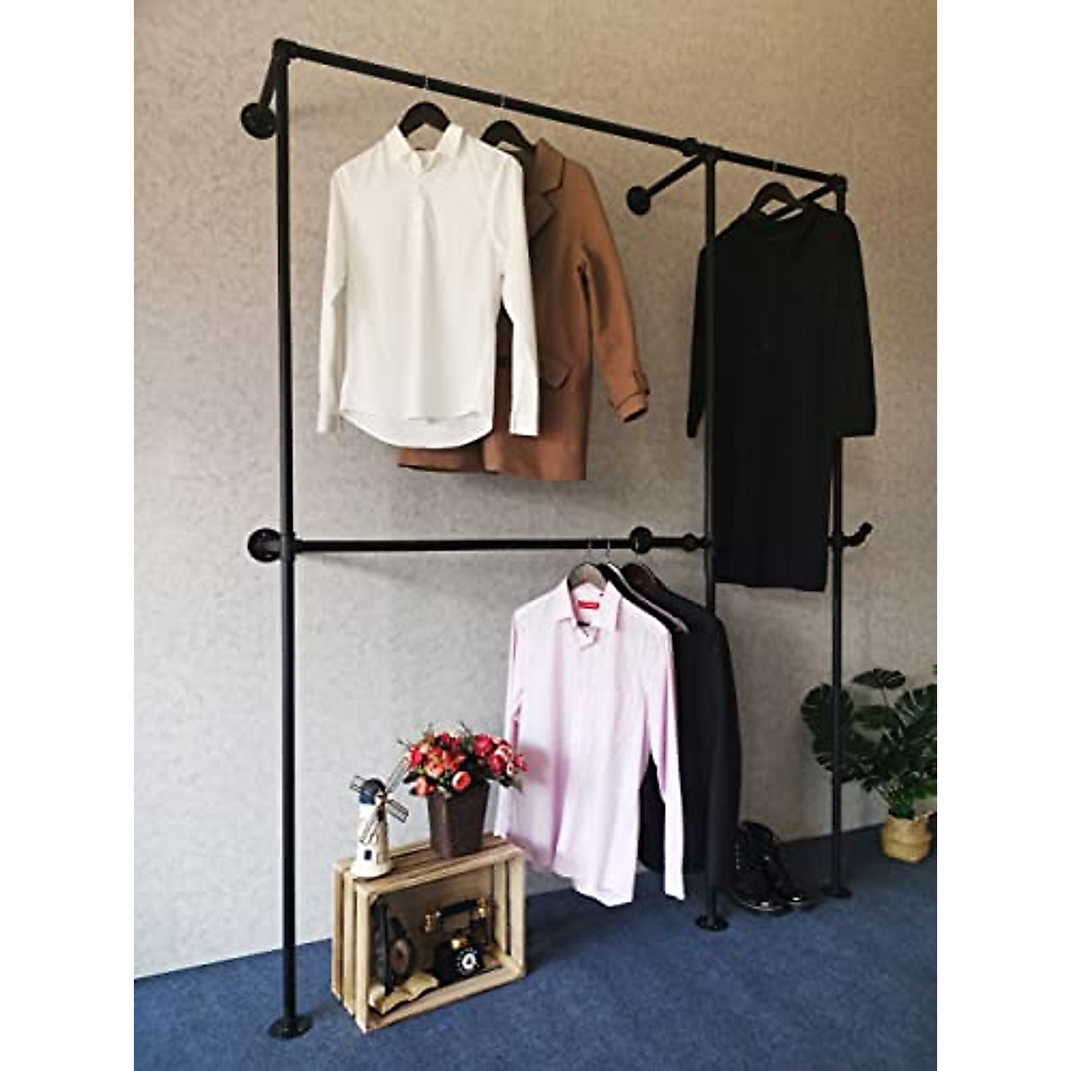 Anynice Industrial Pipe Clothing Rack,Industrial Clothing Rack, Clothing Rods for Hanging Clothes,Clothes Rack,Wall Mounted Garment Rack, Heavy Duty Coat Rack (62.5" W x 14.4" D x82 H, AF01)